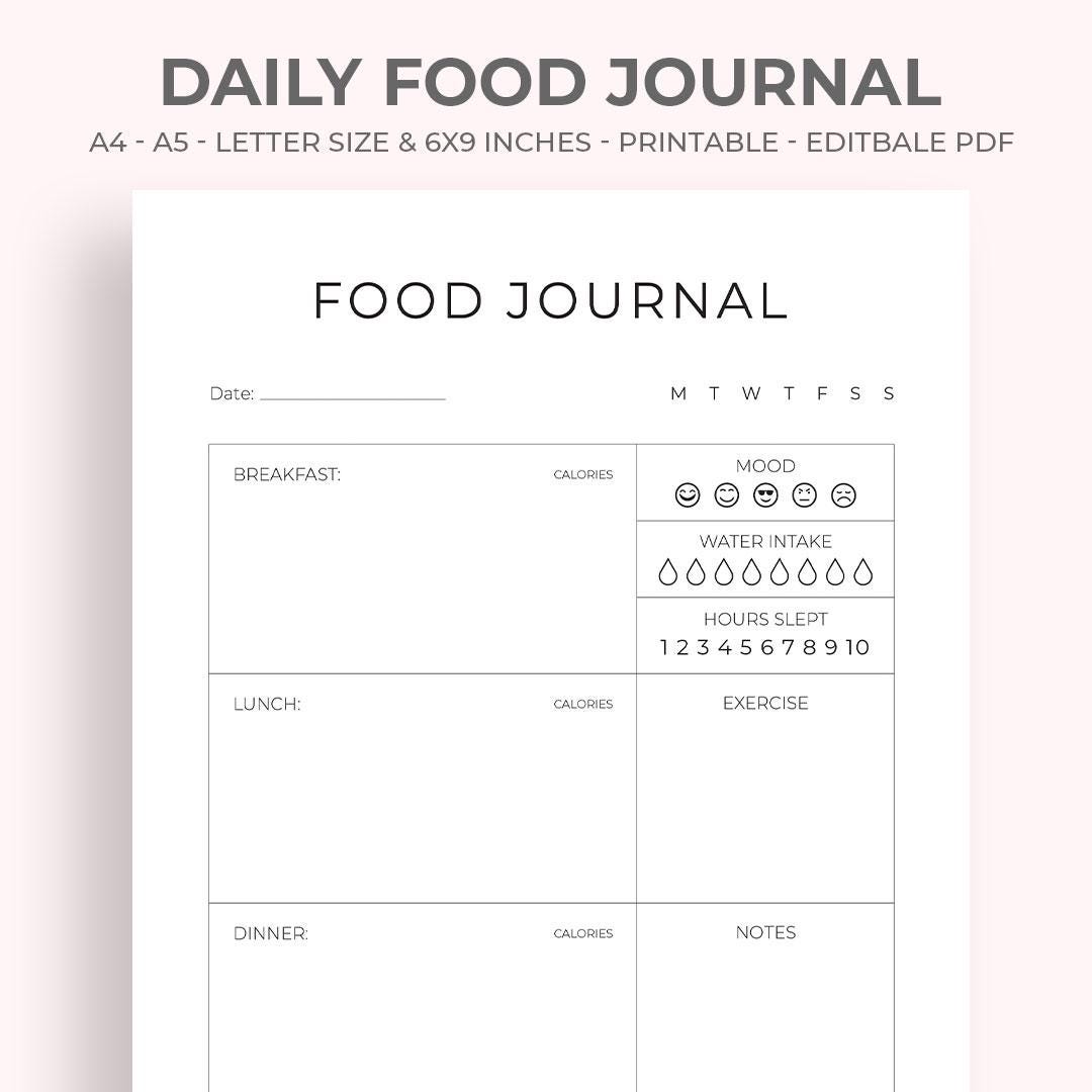 Daily Food Journal Printable | Calorie Tracker, Diet Diary (PDF A4 ...
