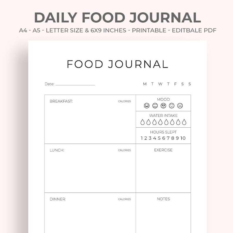 Daily Food Journal Printable | Calorie Tracker, Diet Diary (PDF A4 ...