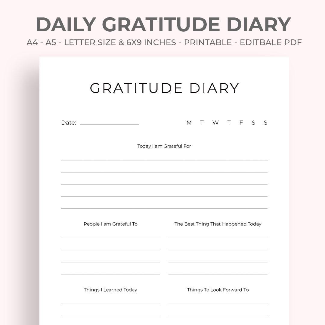 Daily Gratitude Diary Printable | Minimalist Thankfulness Journal (PDF ...