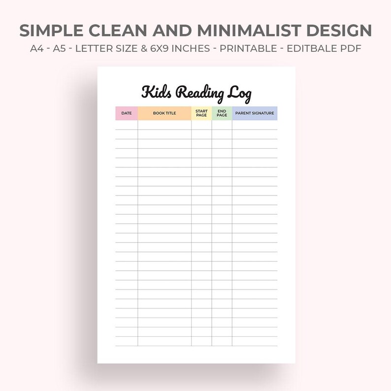 Kids Reading Log Printable: Book Tracker (PDF Download A4/letter/6x9/a5 ...
