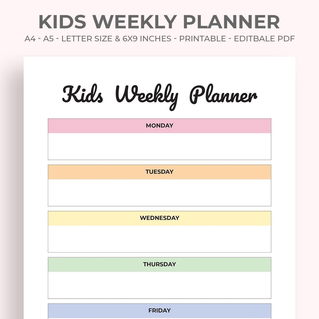 Kids Weekly Planner: Colorful Printable Schedule (PDF Download A4 ...