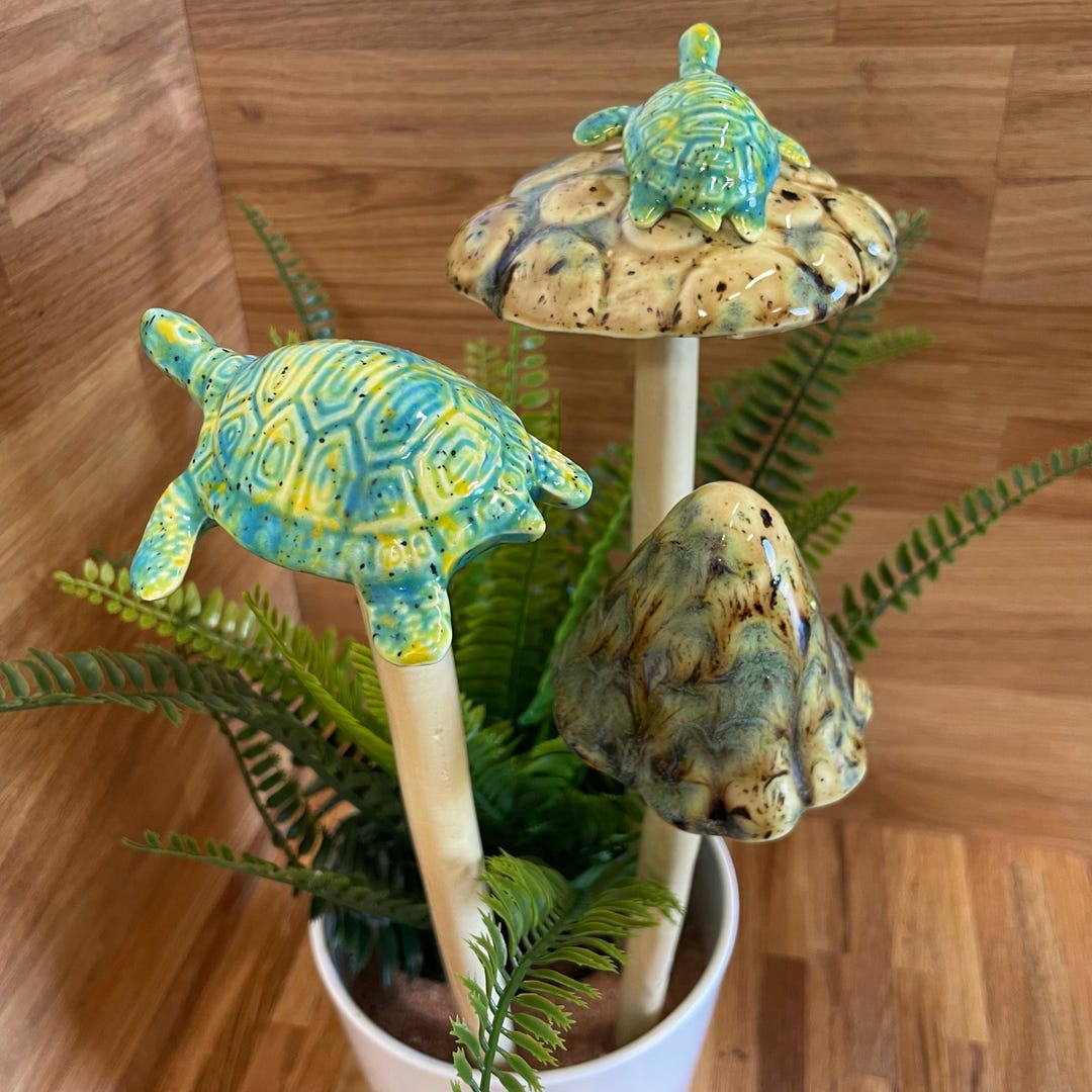 Turtles! Two Bright Green Ceramic Turtles and Darling Earthy Shrooms ...