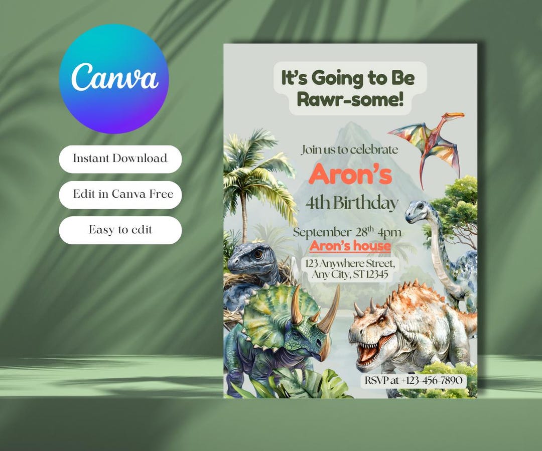 Dinosour Birthday Party Invitation: Editable in Canva Template (digital ...