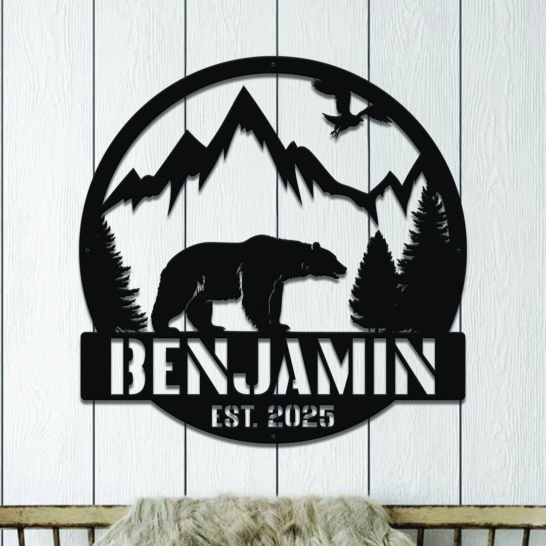 Wilderness Bear Cabin Metal Sign With Personalized Name for Rustic ...