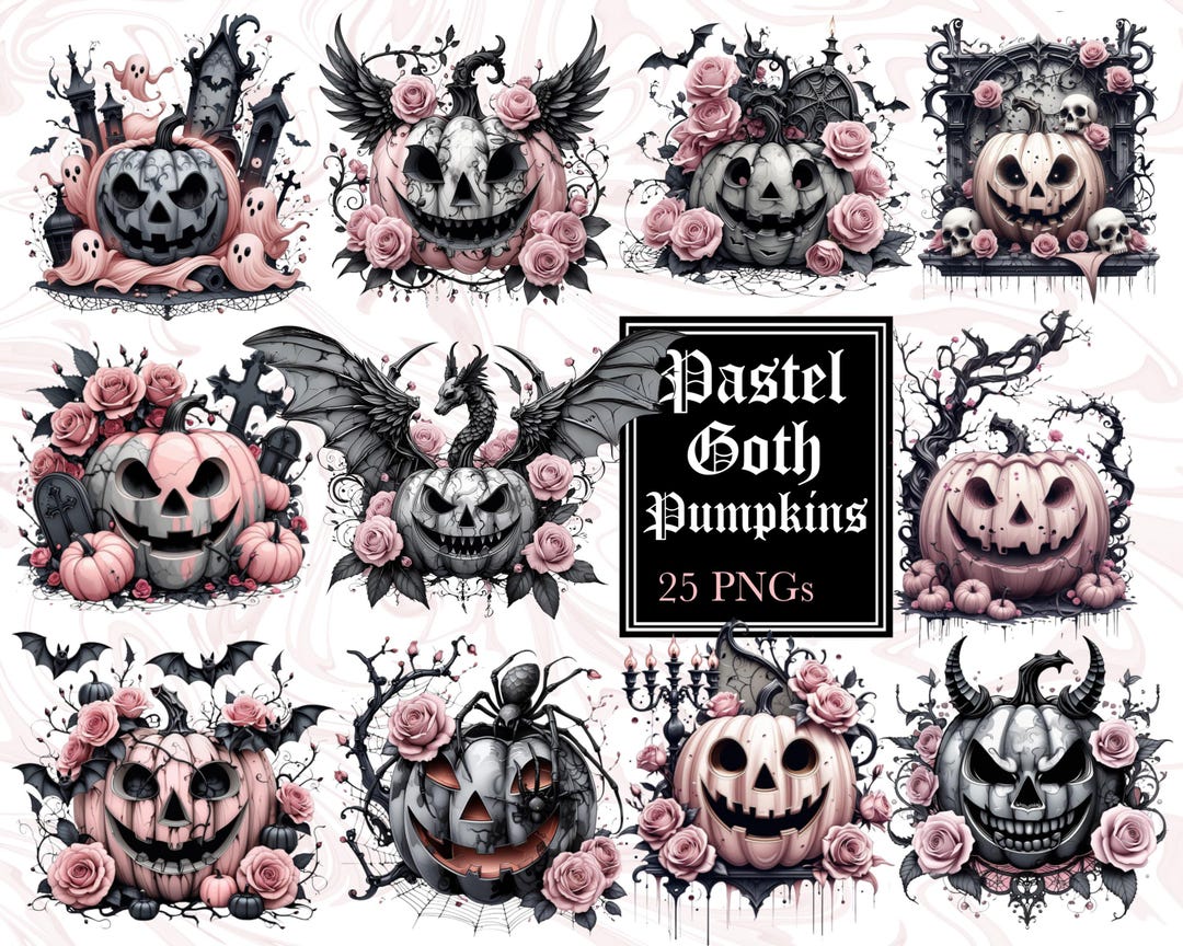Pastel Goth Pumpkin Clipart Bundle: Halloween PNG Graphics (digital ...