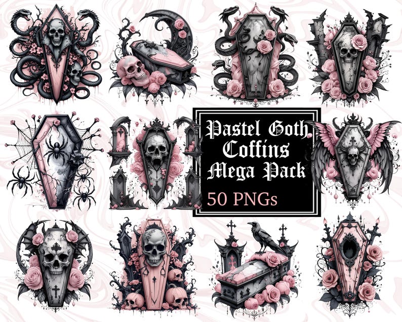 Pastel Goth Coffin Clipart Mega Pack: Halloween PNG Graphics (digital ...