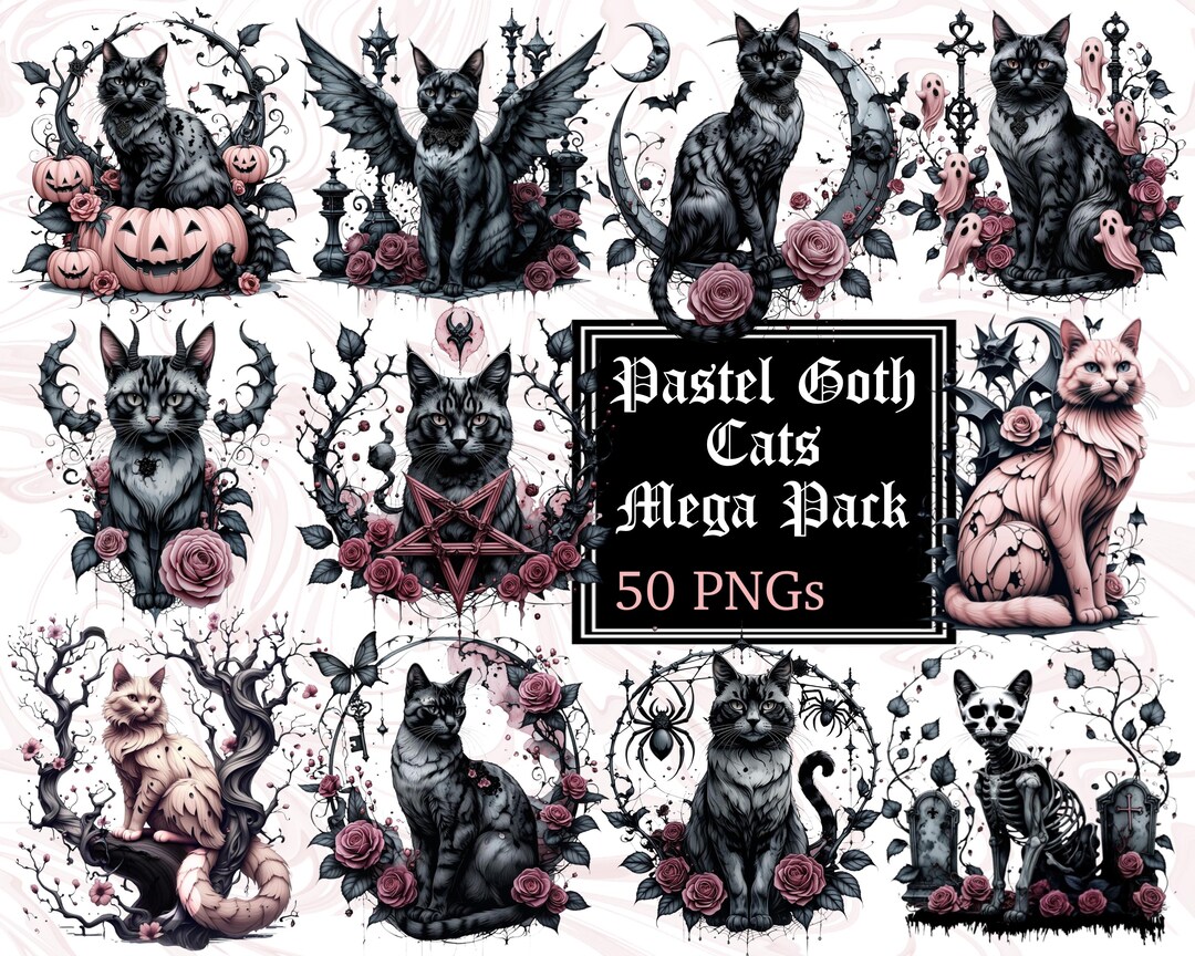 Pastel Goth Cat Clipart Mega Pack: Halloween PNG Graphics (digital ...