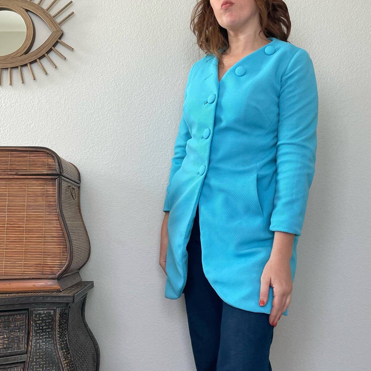 Vintage 60s Mod Edith Flagg Sky Blue Duster Jacket Crimplene Crimped ...