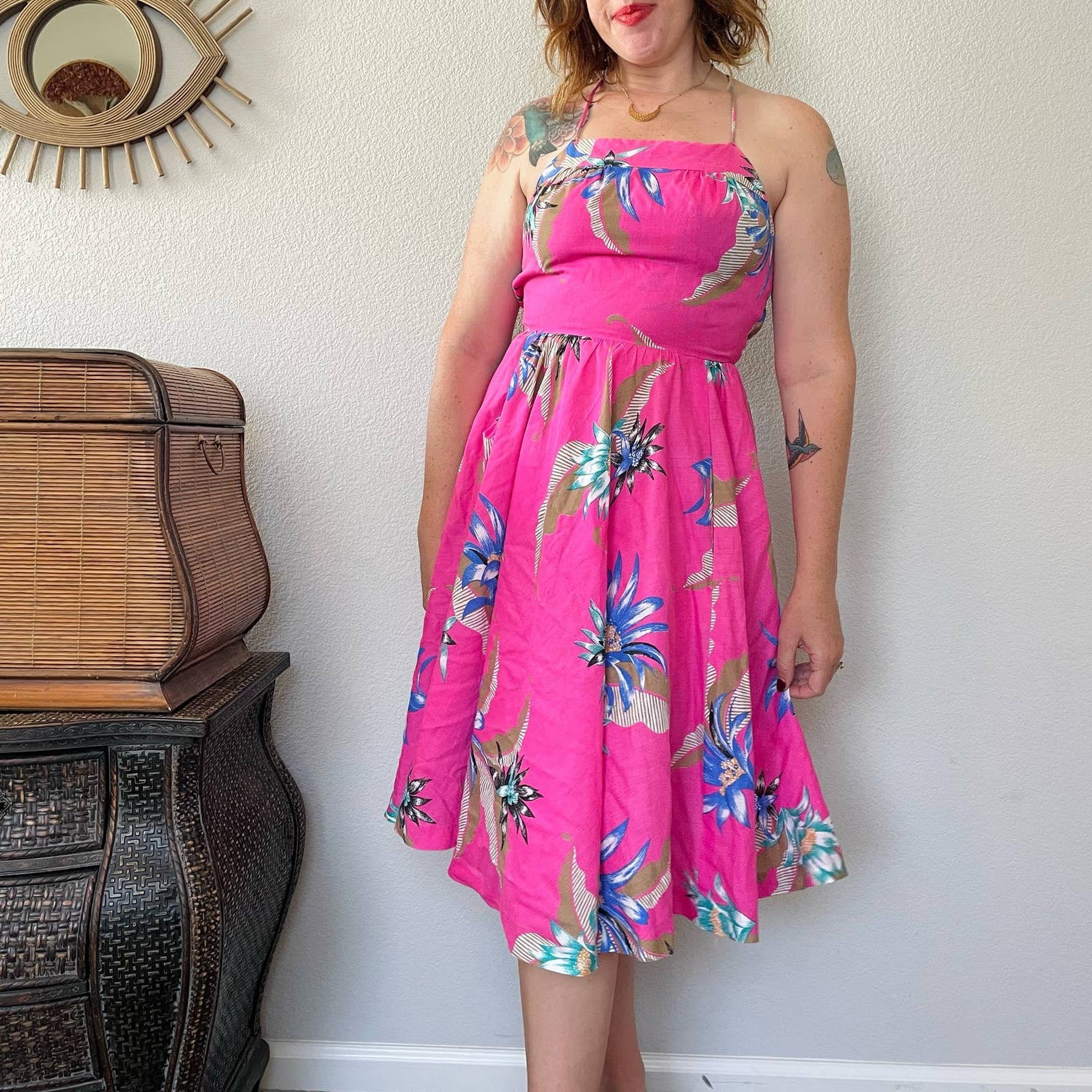 Vintage 70s Backless Strappy Pink Floral Fit and Flare Groovy Retro Sun Dress Jodi Schwartz Sz S ...