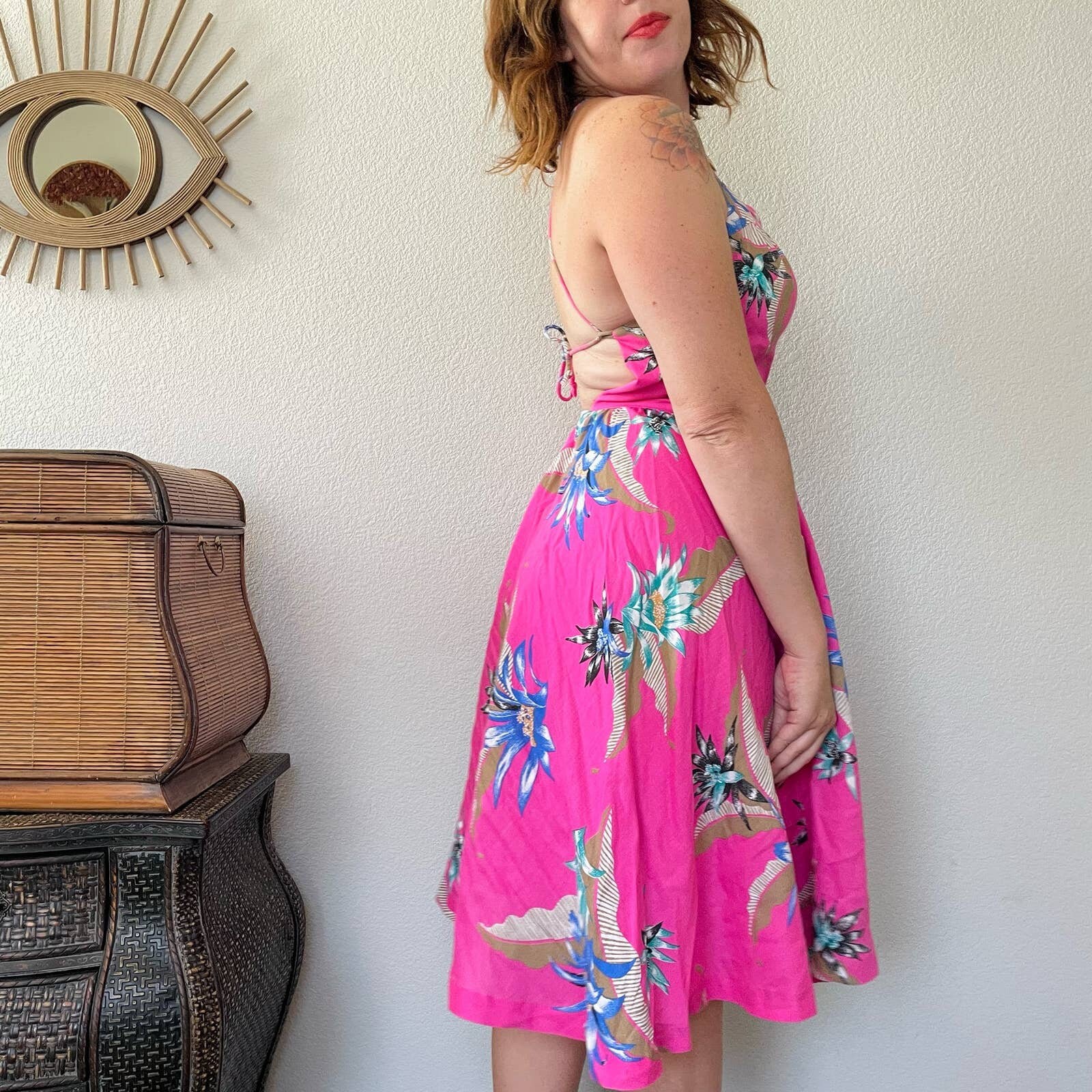Vintage 70s Backless Strappy Pink Floral Fit and Flare Groovy Retro Sun ...
