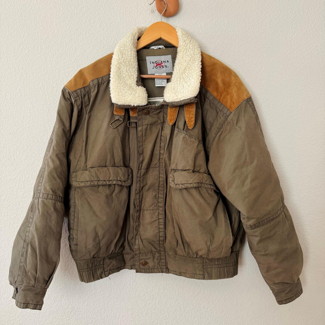 Vintage Indiana Jones Bomber Jacket Cotton Canvas Leather Patches Faux ...