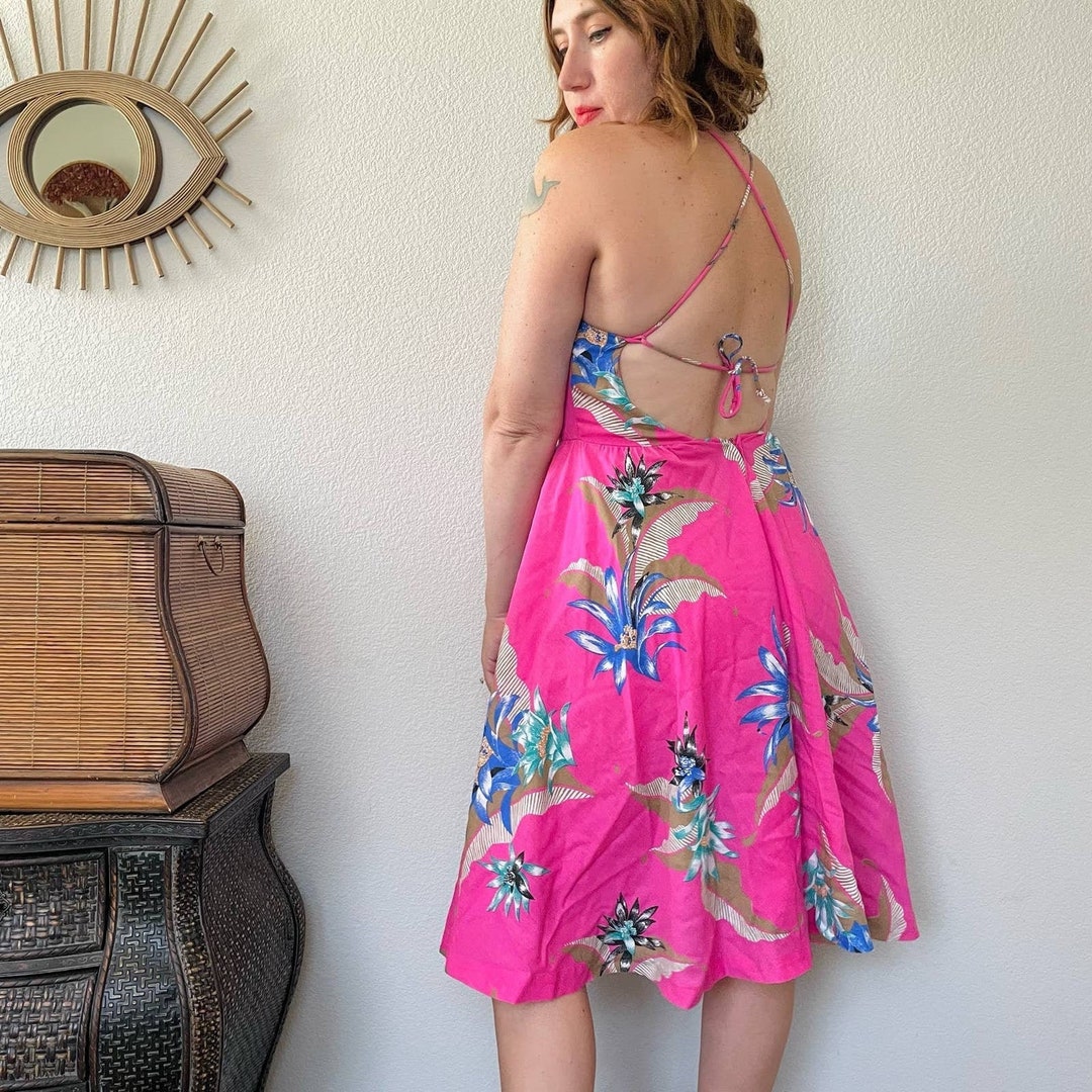 Vintage 70s Backless Strappy Pink Floral Fit and Flare Groovy Retro Sun Dress Jodi Schwartz Sz S ...