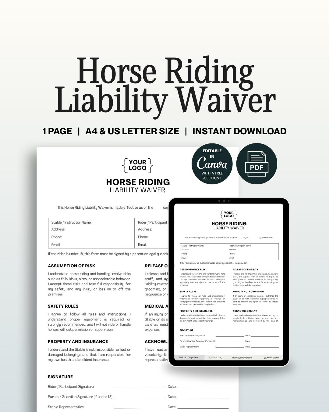 Horse Riding Liability Waiver Template, Editable Canva Horseback Riding ...