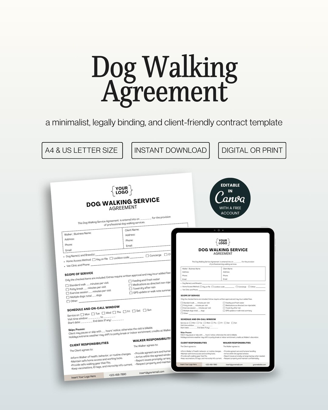 Dog Walking Contract, Editable Canva Agreement Template for Pet ...