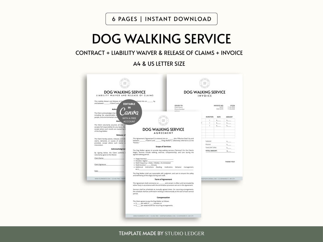 Dog Walking Kit: Contract, Liability Waiver, Invoice – Canva Template ...