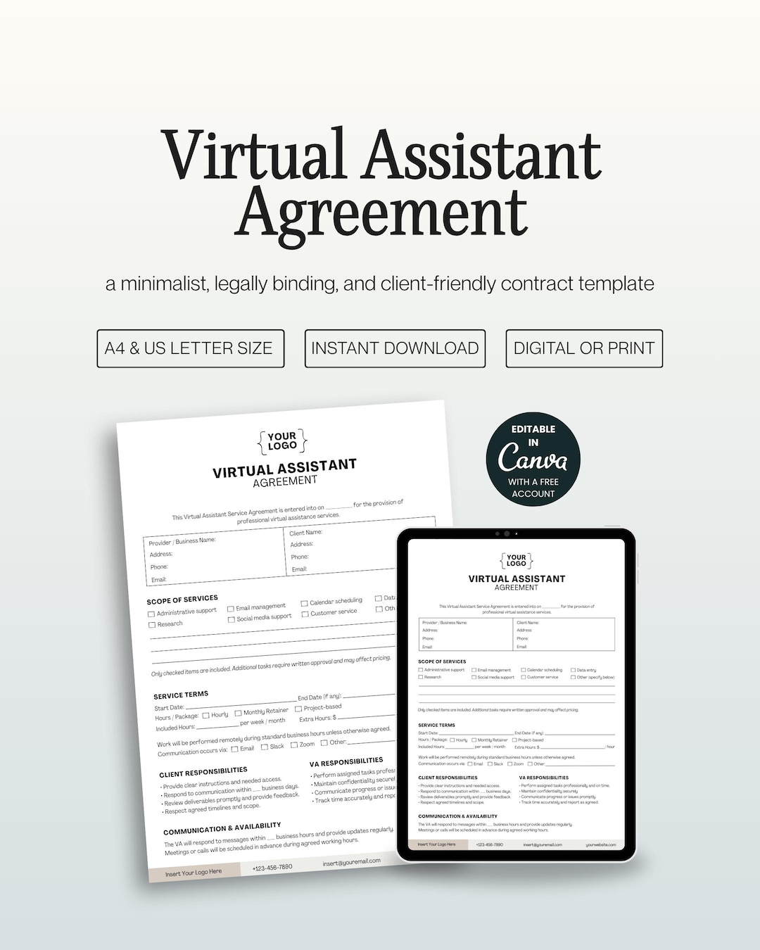 Virtual Assistant Contract Template, Editable Canva VA Service ...