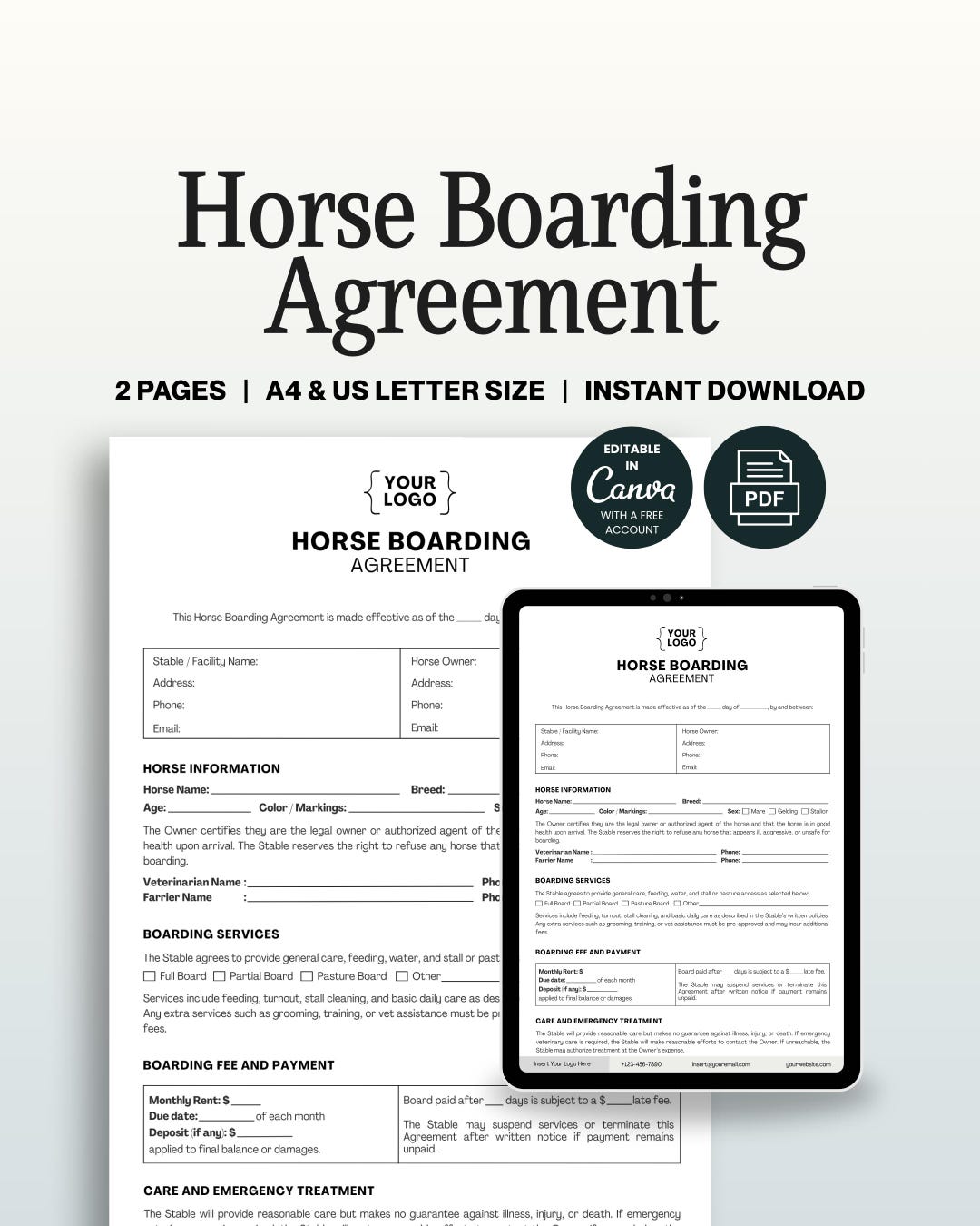 Horse Boarding Contract Template, Equestrian Business (canva & PDF) - Etsy
