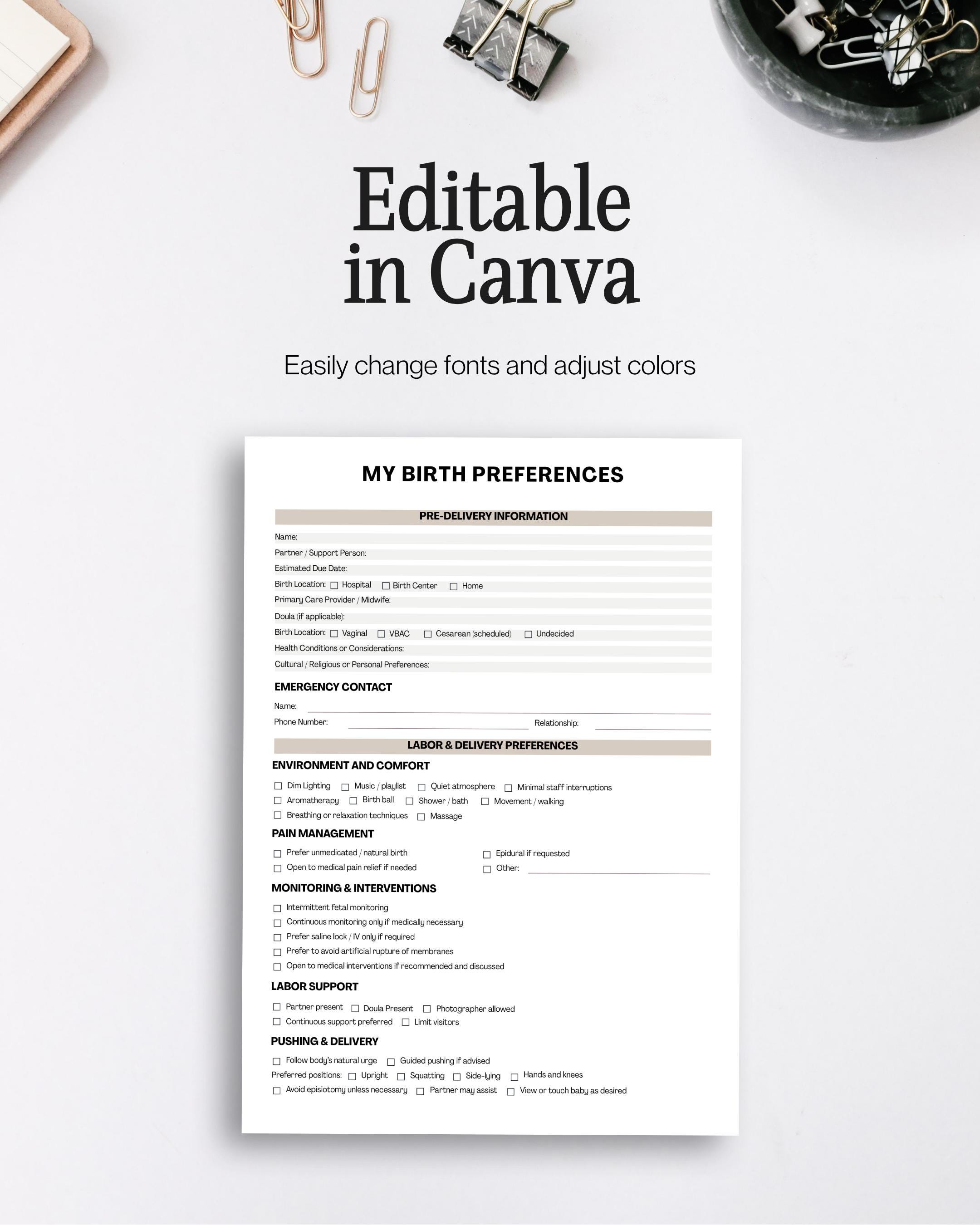 Editable Birth Preferences Template: Canva Printable, Doula Tool ...