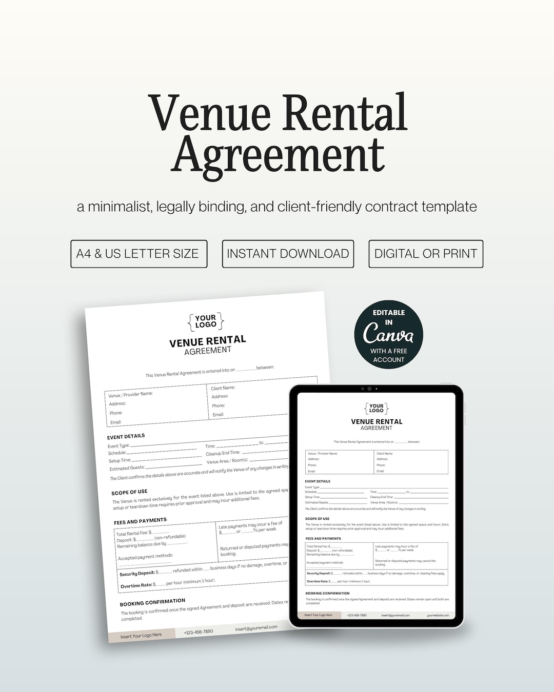Venue Rental Agreement Template, Editable Canva Event Space Contract ...