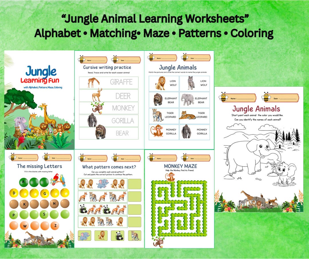 Jungle Animals Learning Activity Pack: Alphabet, Counting, Maze ...