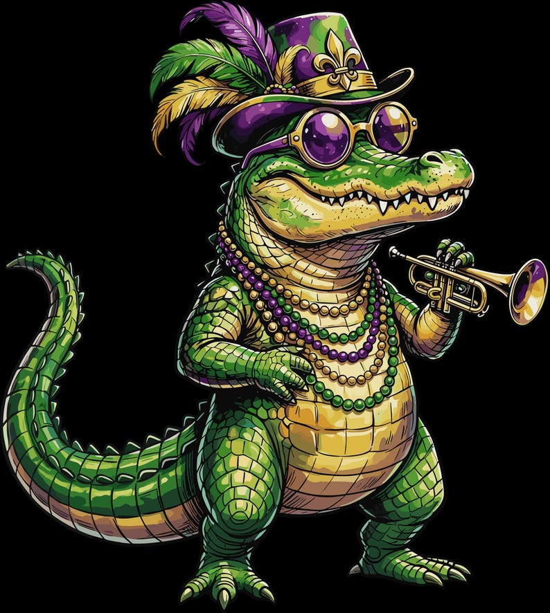 Mardi Gras Alligator PNG , Colorful Jazz Gator With Trumpet & Beads ...