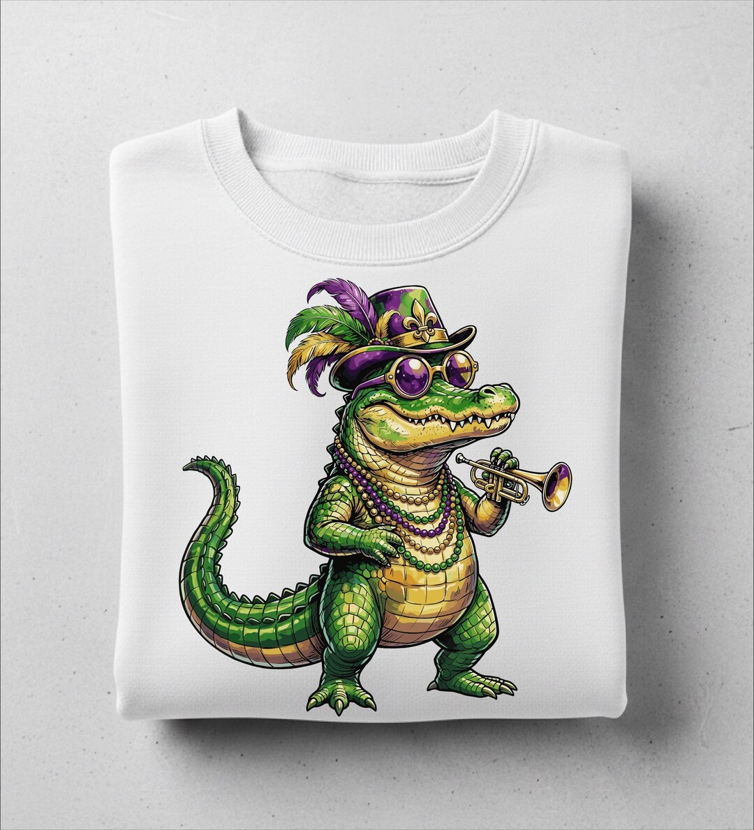 Mardi Gras Alligator PNG , Colorful Jazz Gator With Trumpet & Beads ...