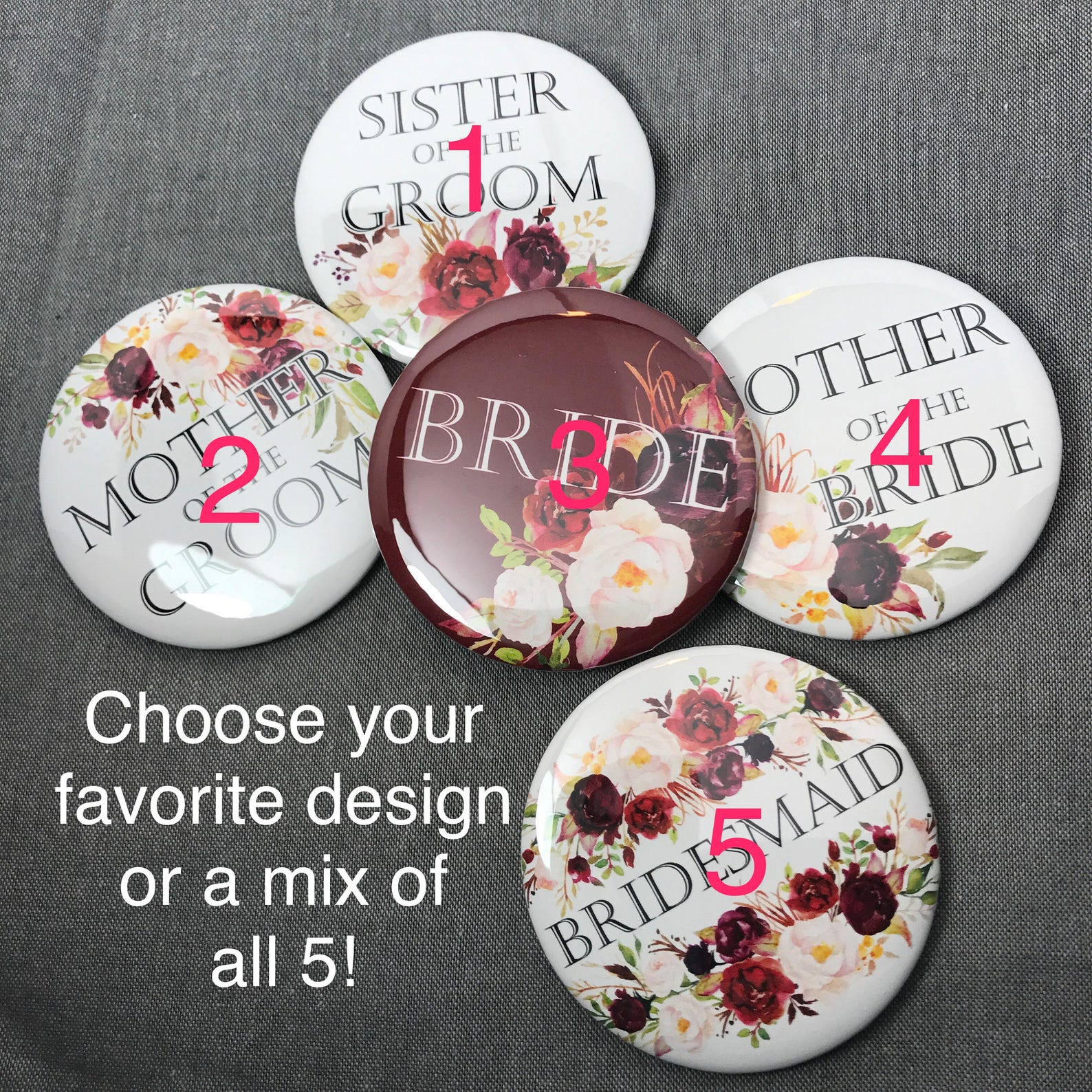 Burgundy Blush Wedding Party Pins | Bridal Party Name Badges | Mommy to ...