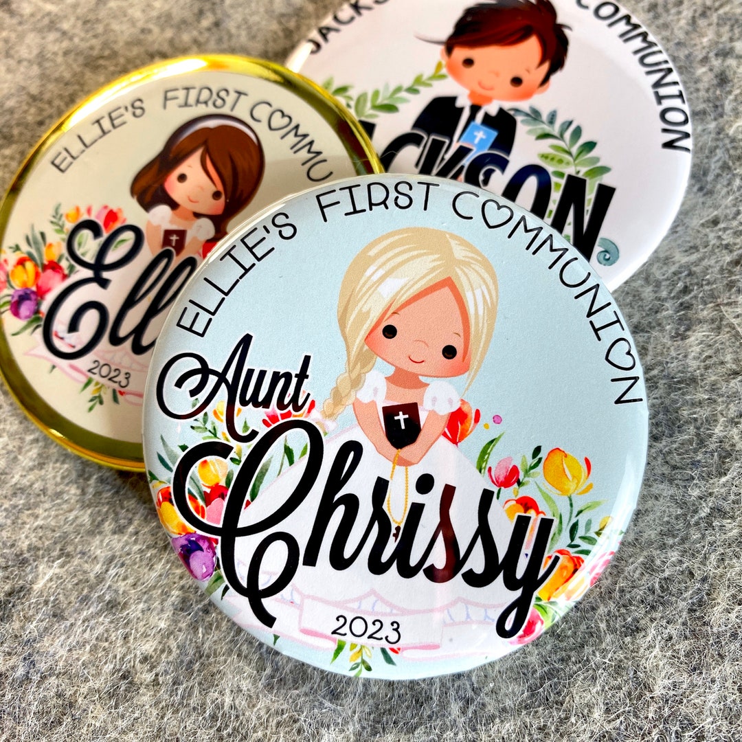 First Communion Party Pins | Personalized Family Name Badge | Religious ...