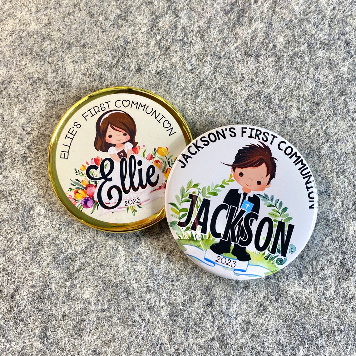 First Communion Party Pins | Personalized Family Name Badge | Religious ...