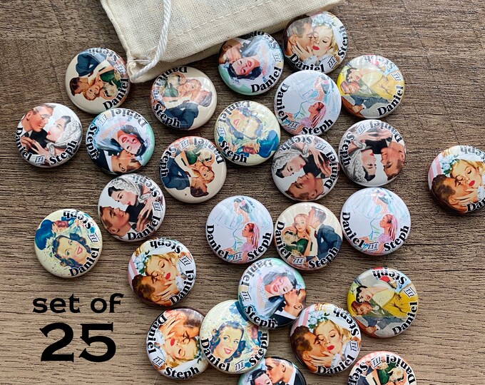 Retro Wedding Day Pins SET of 25 PARTY PACK Vintage Bride & Groom ...