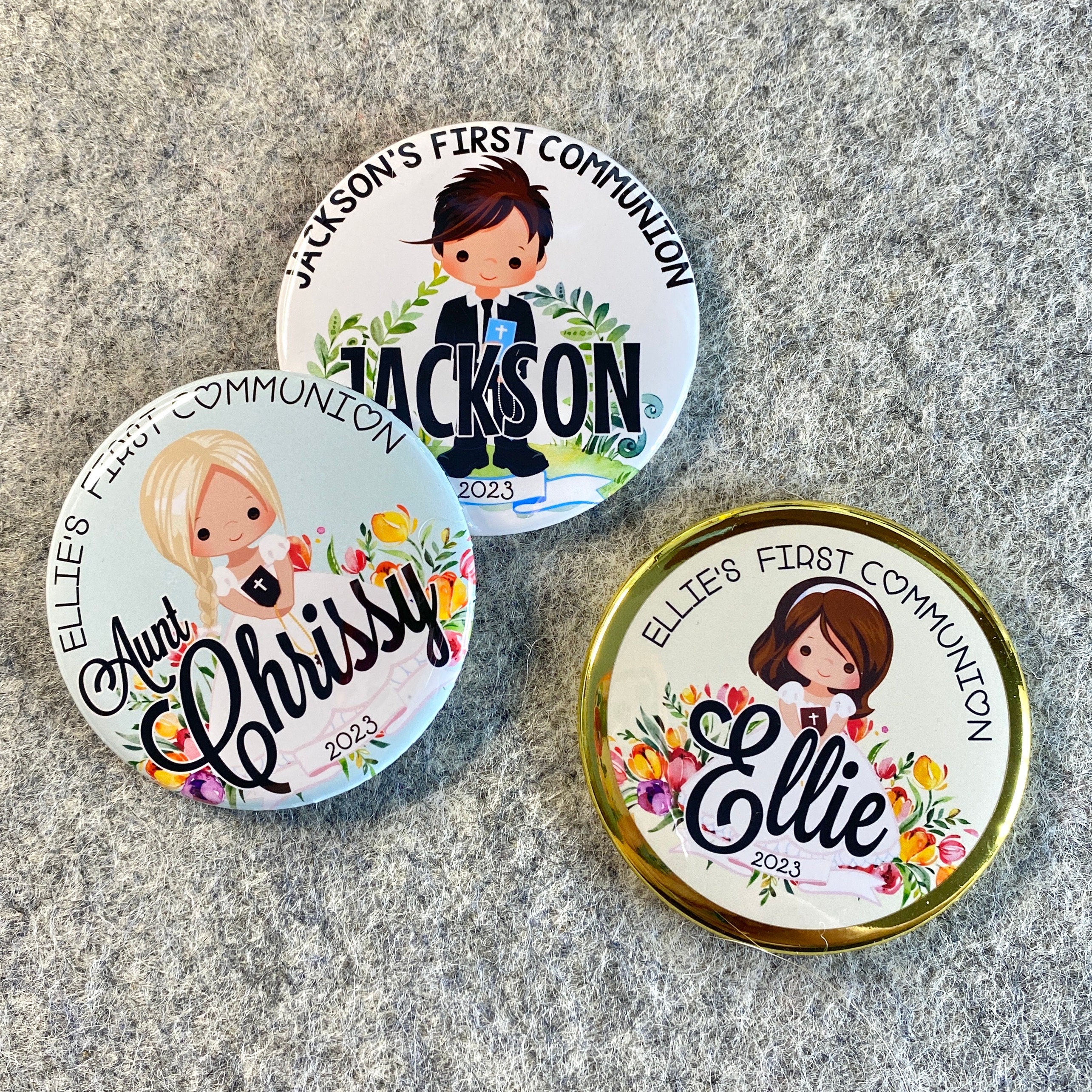 First Communion Party Pins | Personalized Family Name Badge | Religious ...