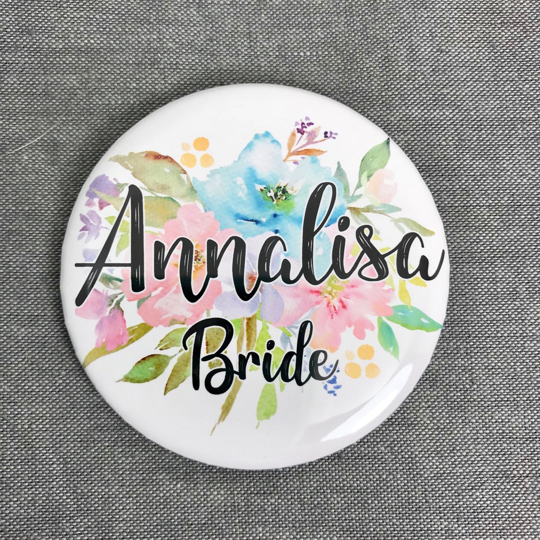 Pink Blue Floral Pinback | Personalized Party Pin | Wedding Party Name ...