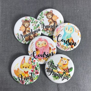 Woodland Baby Shower | Mommy to Be Pins | Forrest Baby Animal ...