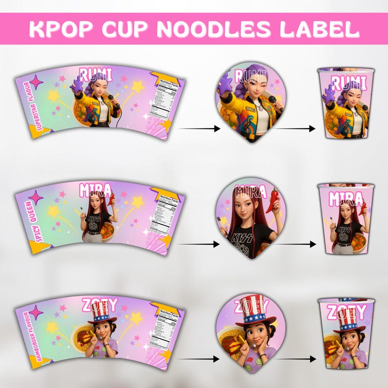 Kpop Demon Hunters, Cup Noodle Labels Ramyeon, Cosplay Party Huntrix ...