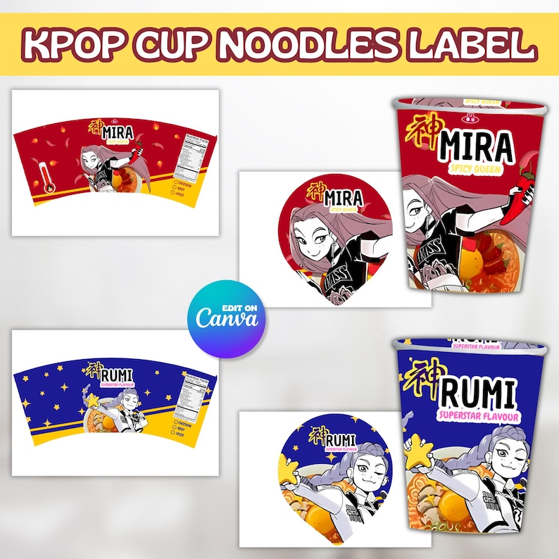 Editable Kpop Demon Hunters Noodles Bundle, Cup Noodle Labels Ramyeon ...