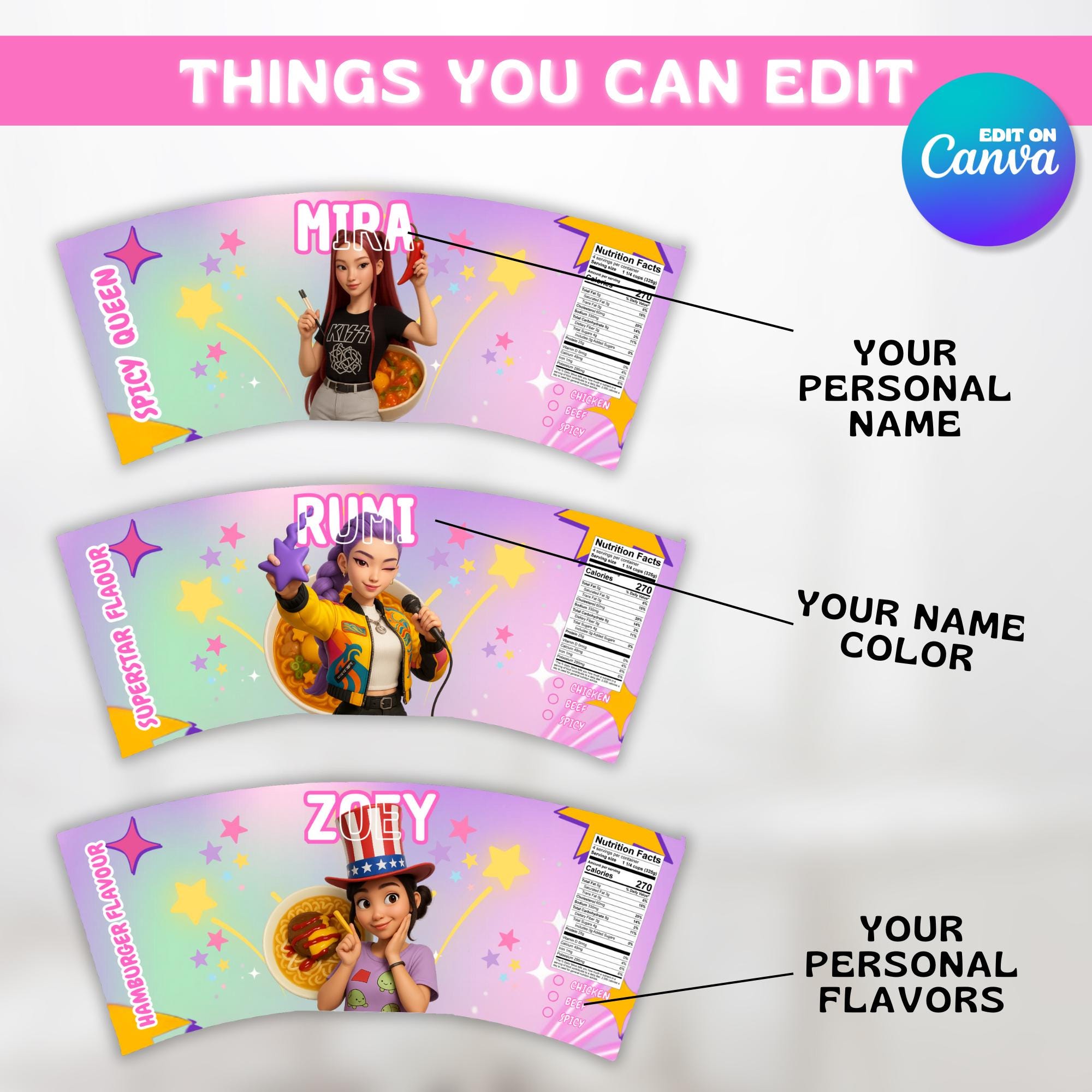 Kpop Demon Hunters, Cup Noodle Labels Ramyeon, Cosplay Party Huntrix ...