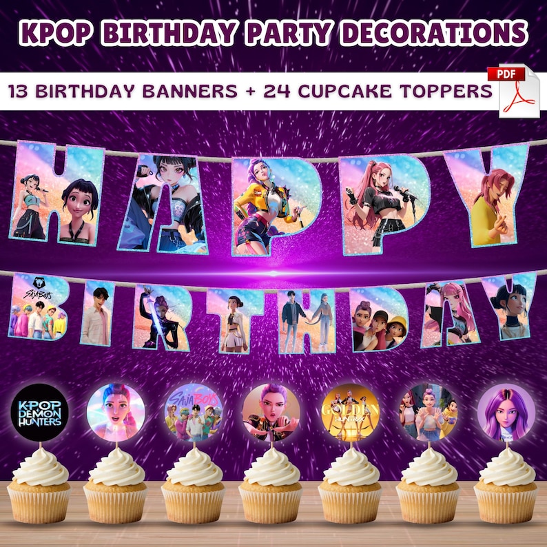K-pop Demon Hunter Birthday Banner & Cupcake Toppers (digital Download ...