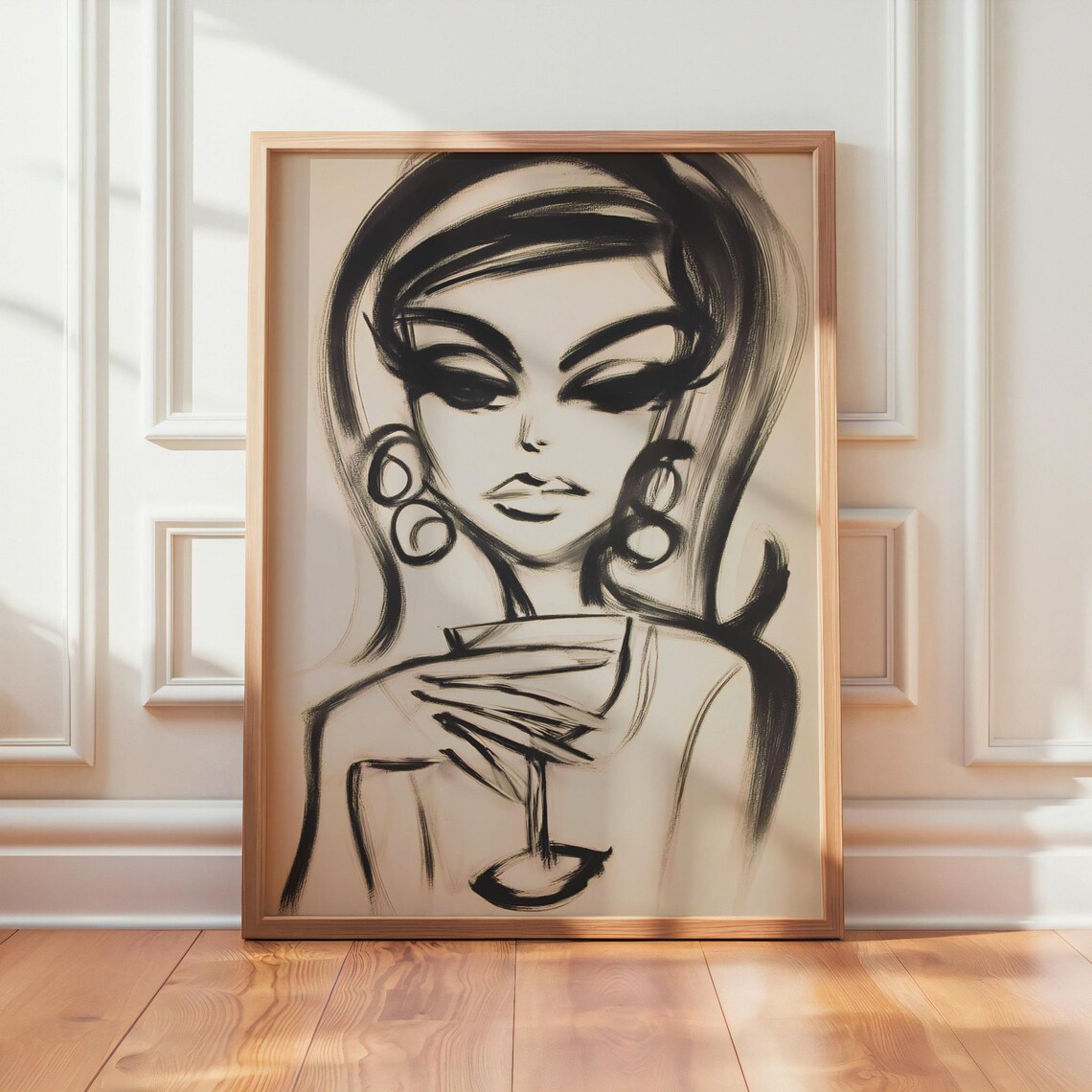 Vintage Fashion Line Art Print – Retro Glam Girl Portrait, Martini ...