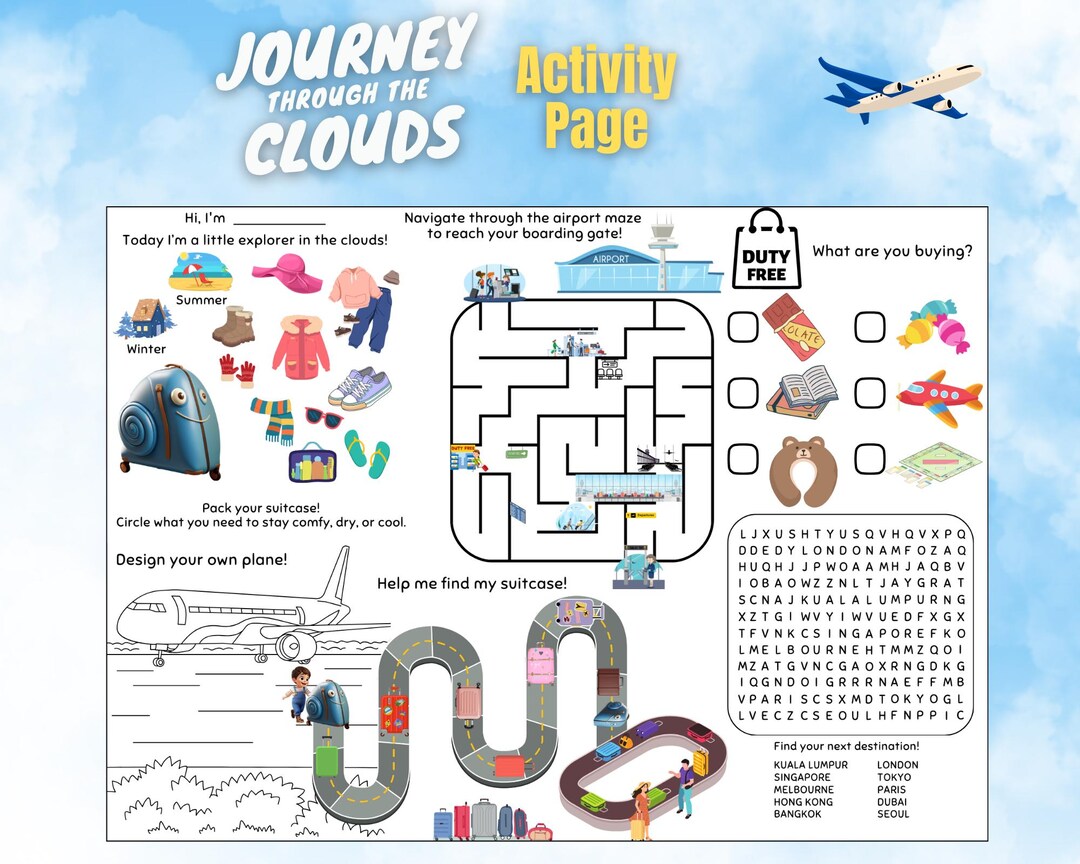 Journey Through the Clouds™ Travel Activity Printable Placemat for Kids ...