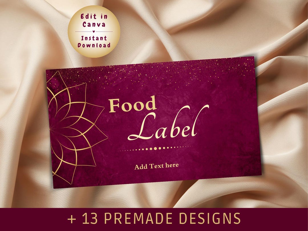 Indian Wedding Food Label Cards: Burgundy and Gold Canva Template ...