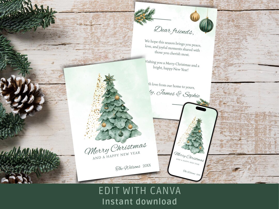 Elegant Green & Gold Christmas Card Template, Printable New Year Wishes ...