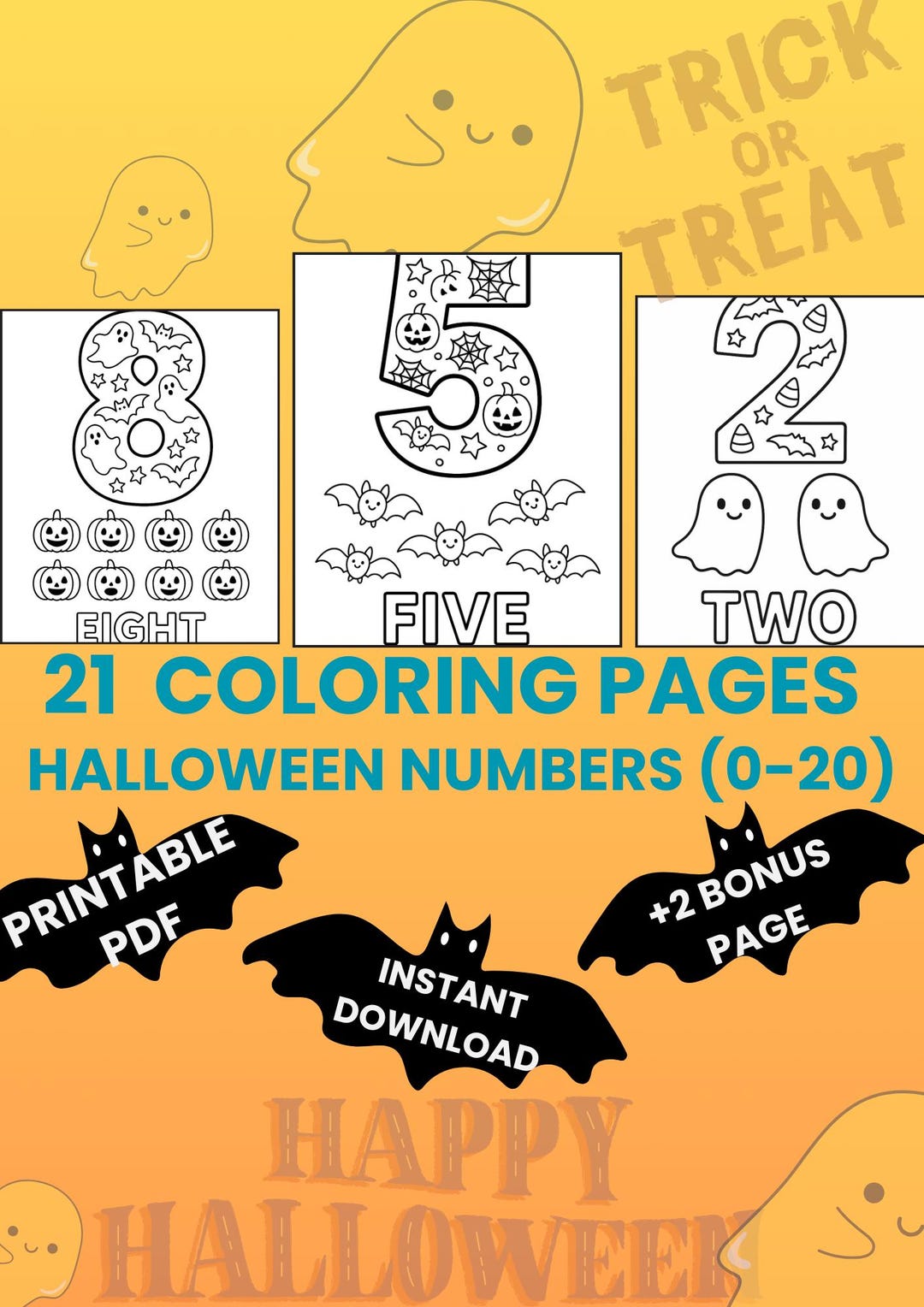 Halloween Numbers 0-20 Coloring Pages: Kids Activity (21+2 Pages ...