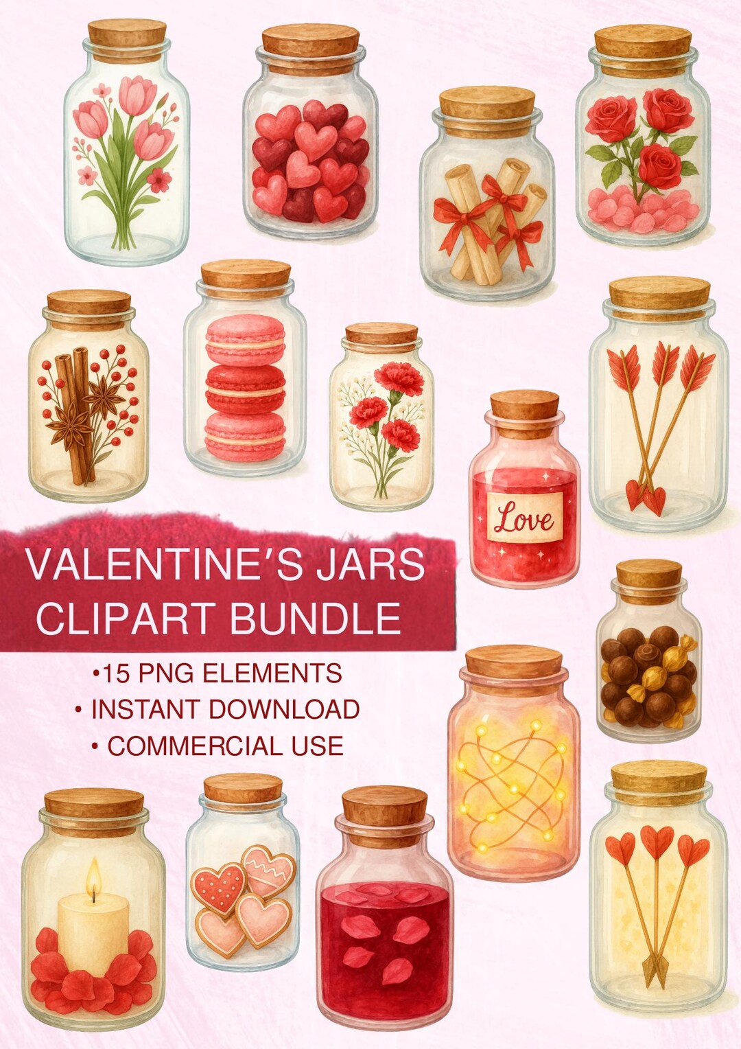 Valentine’s Jars Clipart Bundle | 15 Elements PNG | Commercial Use ...