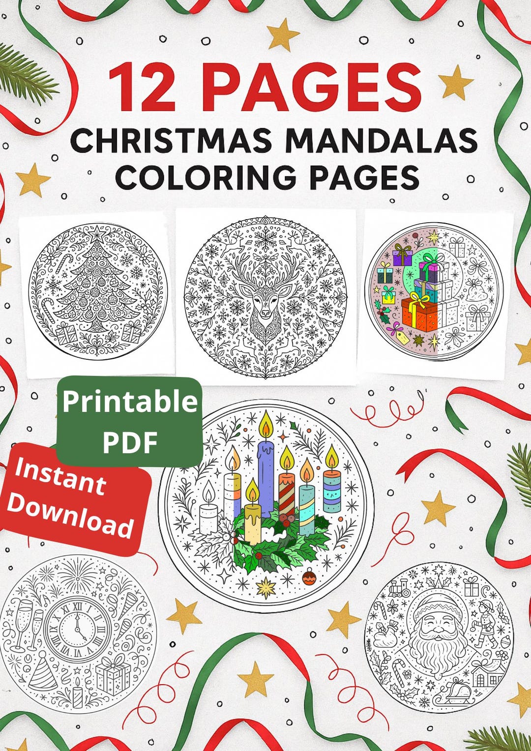 Christmas Mandala Coloring Pages | 12+1 Festive Designs (instant ...