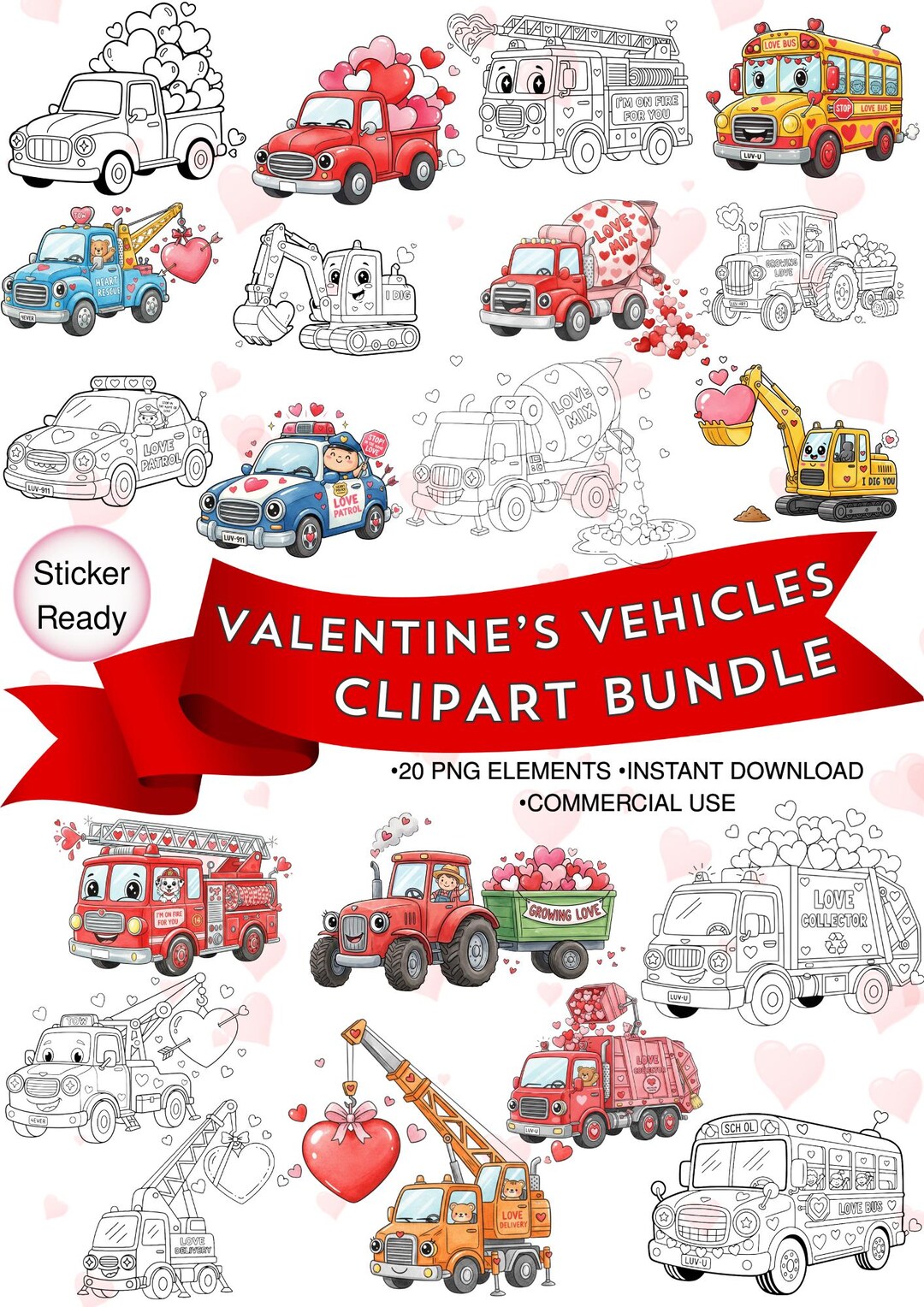 Valentine Vehicles Clipart PNG Bundle | 20 Transperent Elements | Heart ...