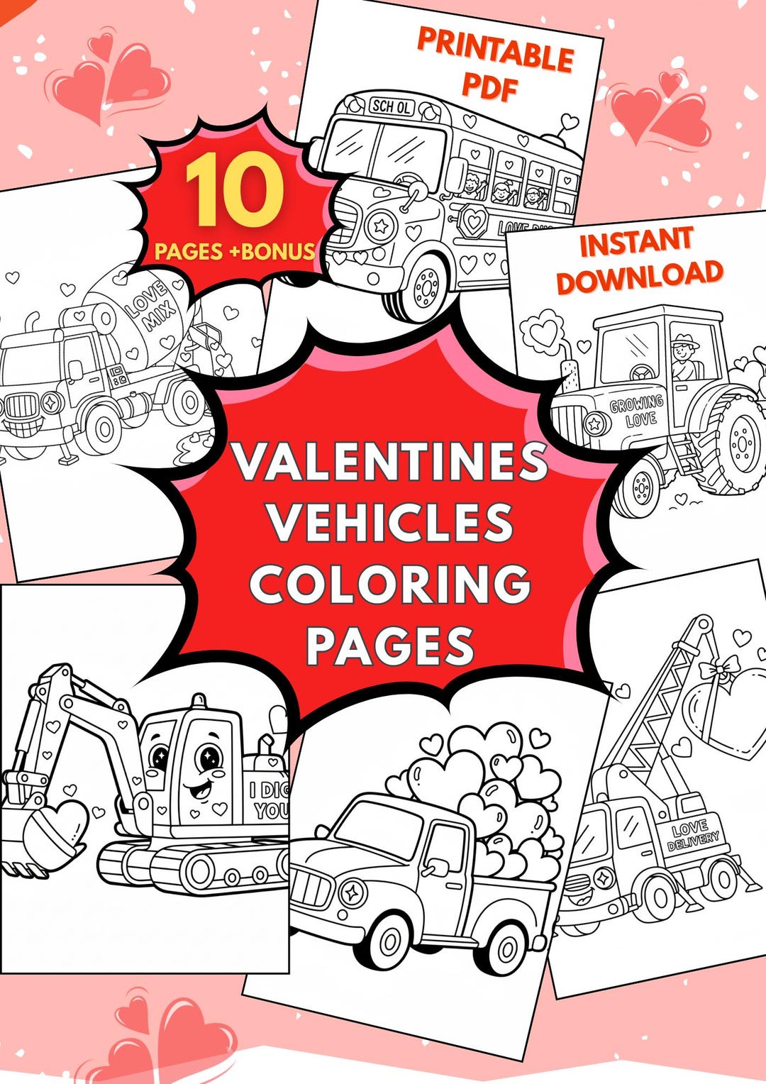 Valentines Vehicles Coloring Pages for Kids | 10 Printable Trucks ...
