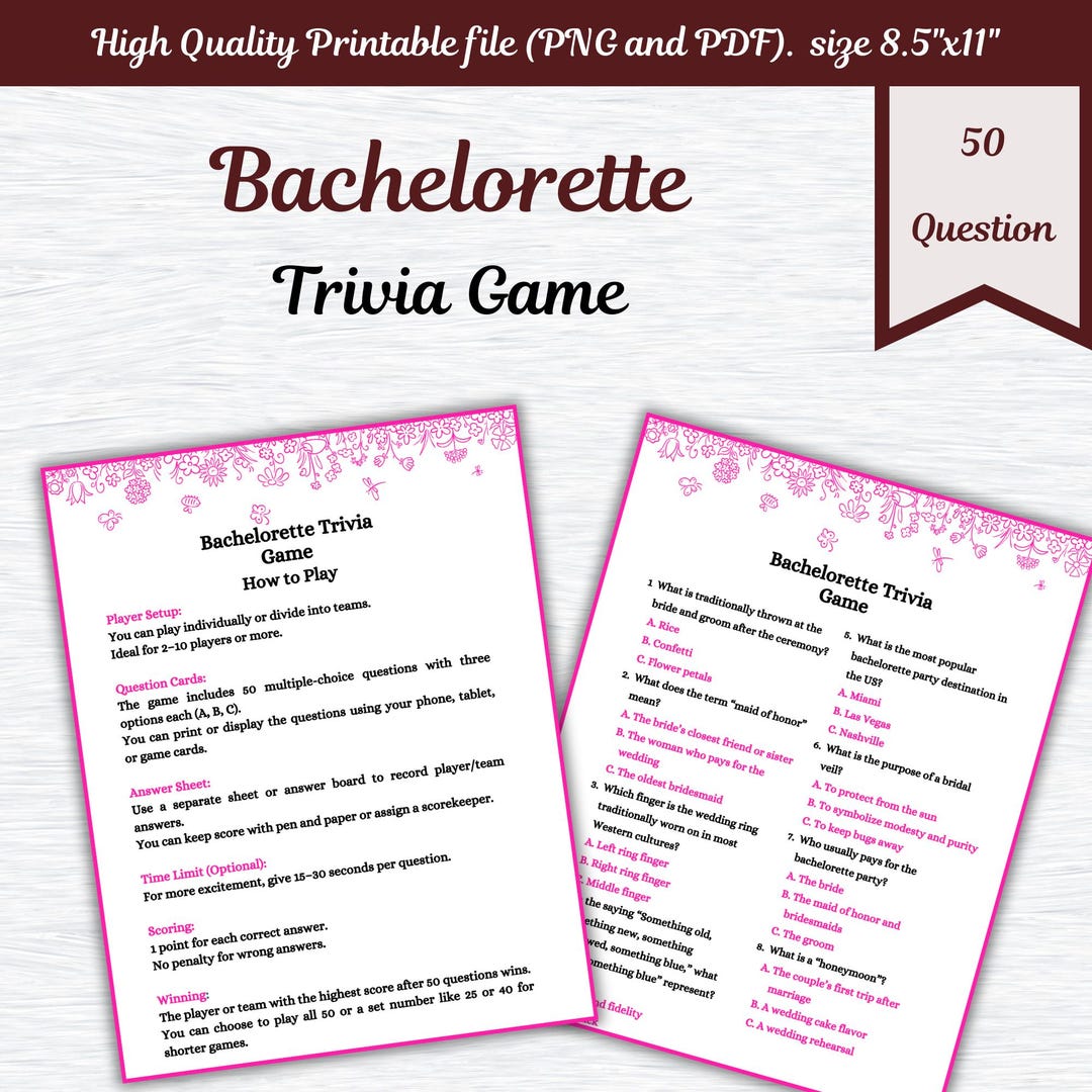 Bachelorette Trivia Game | Fun Printable Question Game for Bachelorette ...