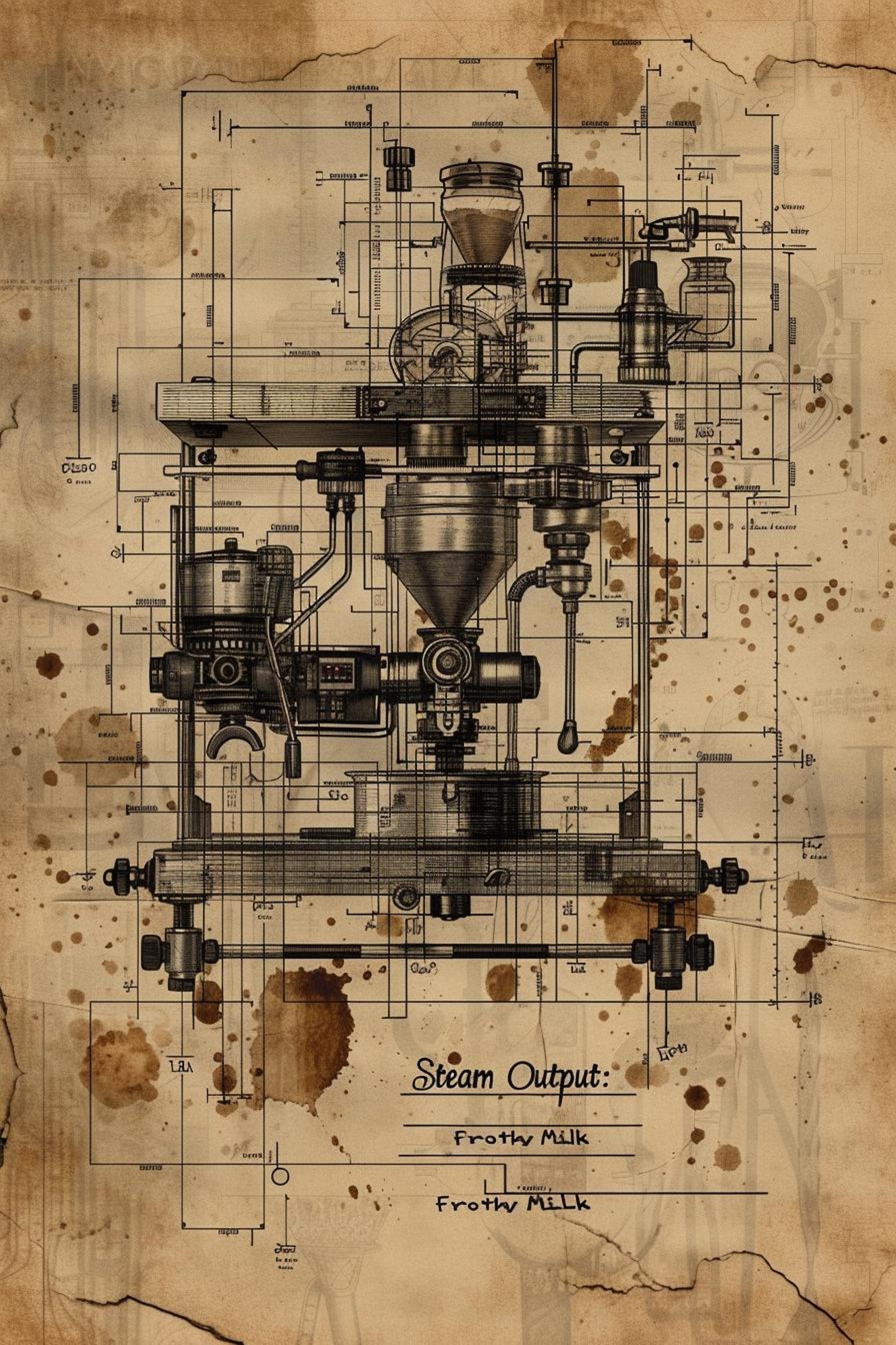 Vintage Blueprint Coffee Grinder & Espresso Machine Series - Industrial ...