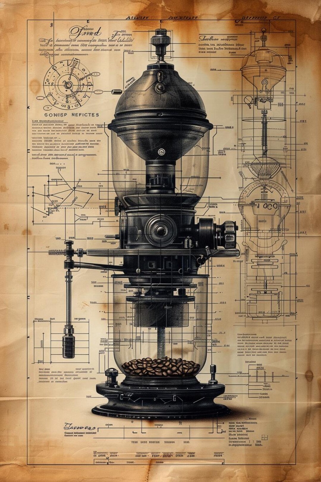Vintage Coffee Grinder Blueprint Art Print: Indigo & Sepia (digital ...