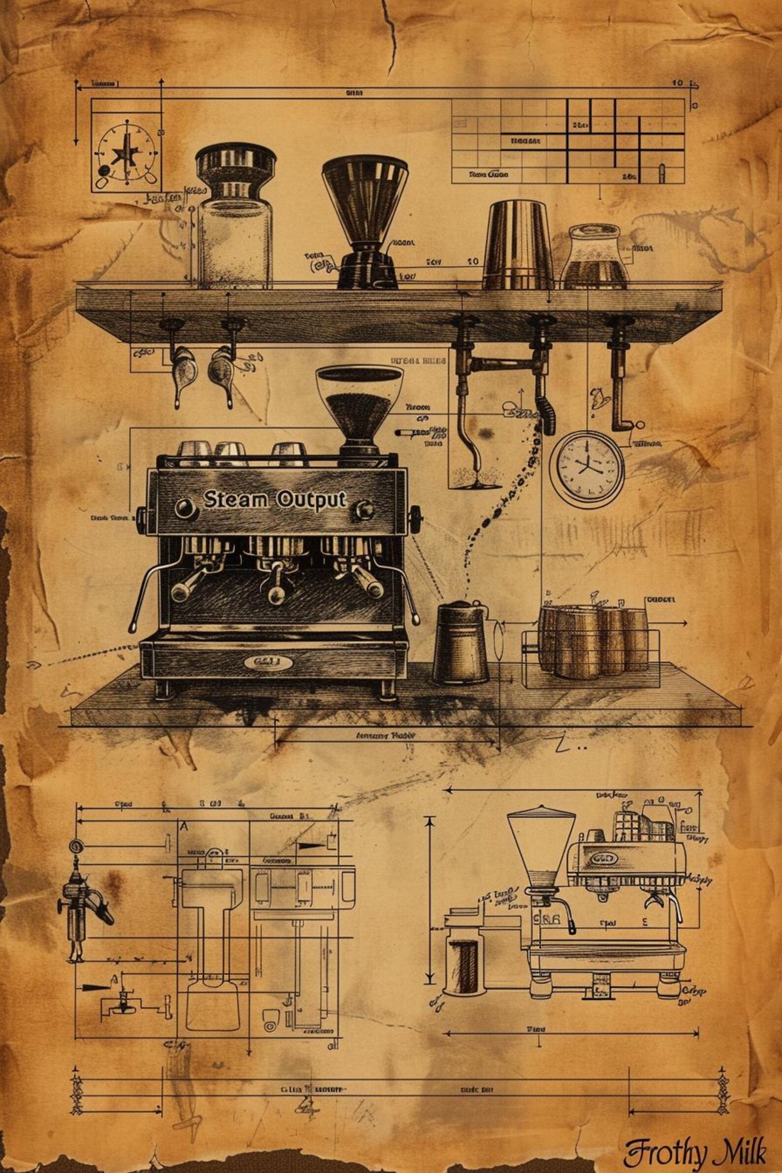 Vintage Blueprint Coffee Grinder & Espresso Machine Series - Industrial ...